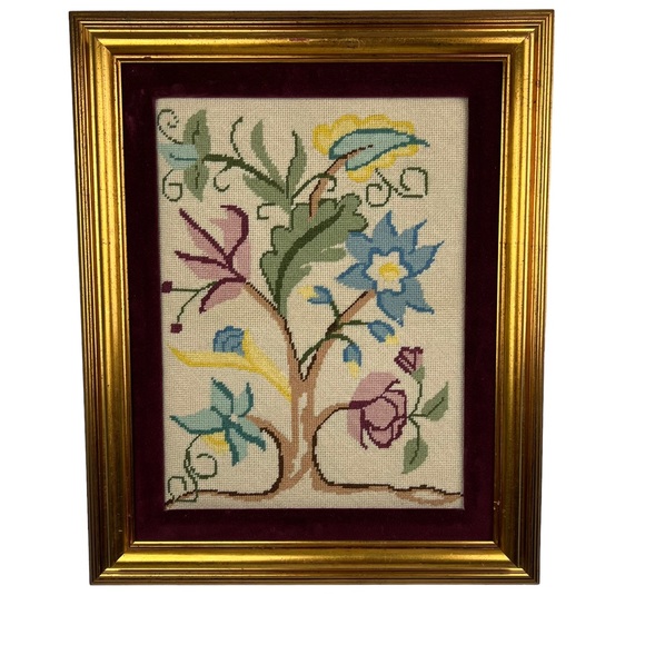 Vintage | Wall Decor | Vintage Gold Framed Needlepoint Floral Tree Of ...